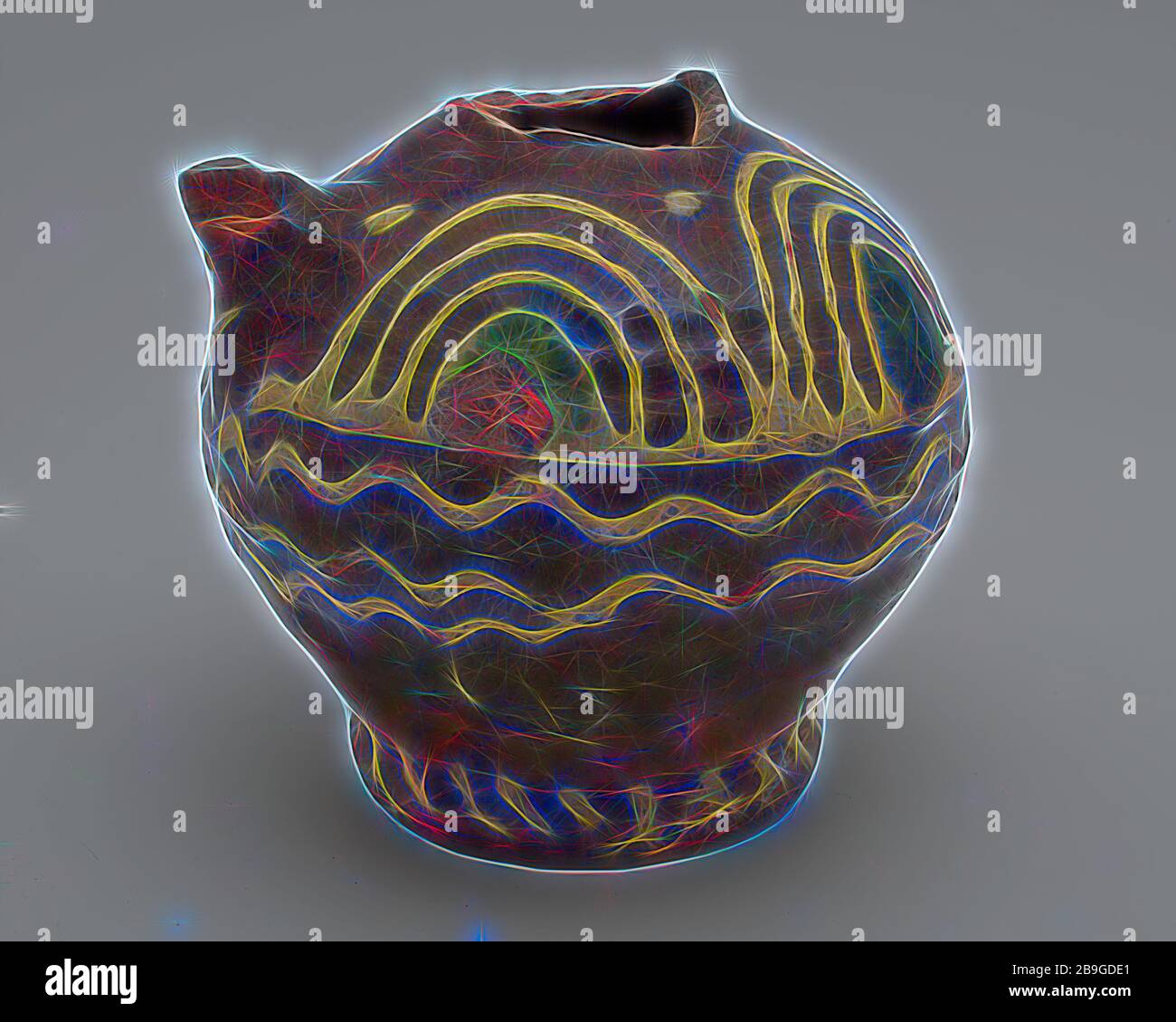 Pottery jug decorated with sludge technology in yellow and green, oil ...