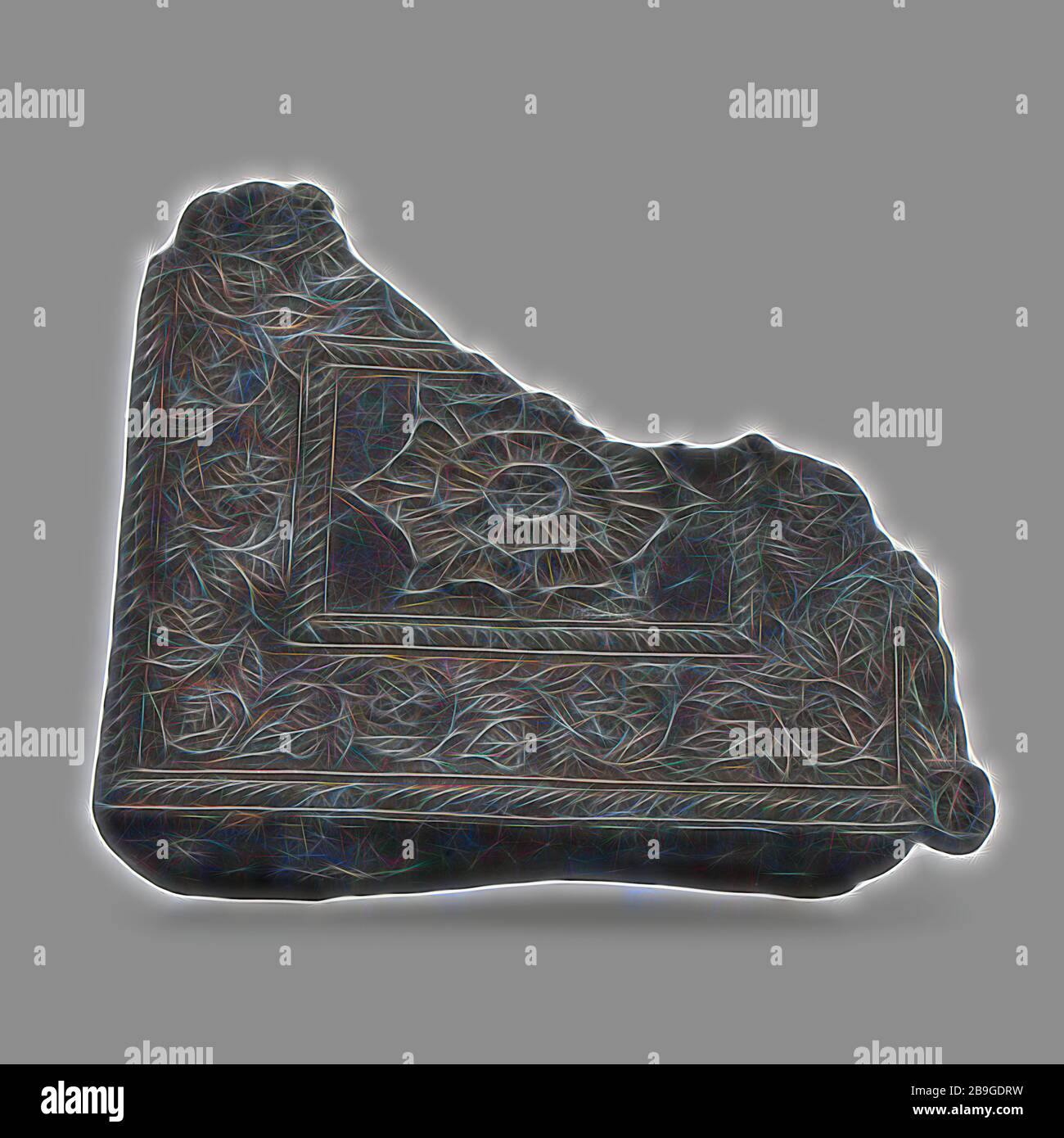 Fragment of tin box or batter with embossed decoration, lid closure ...