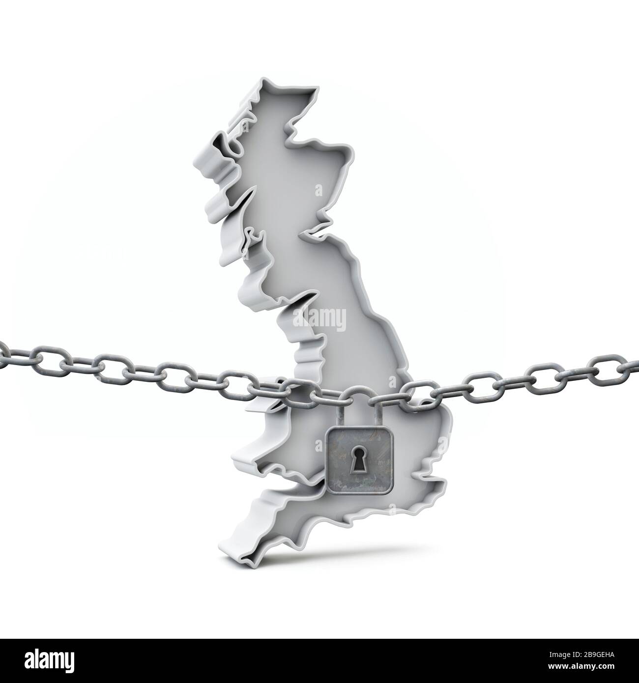United Kingdom lockdown concept. Map with lock and chain. 3D Render ...