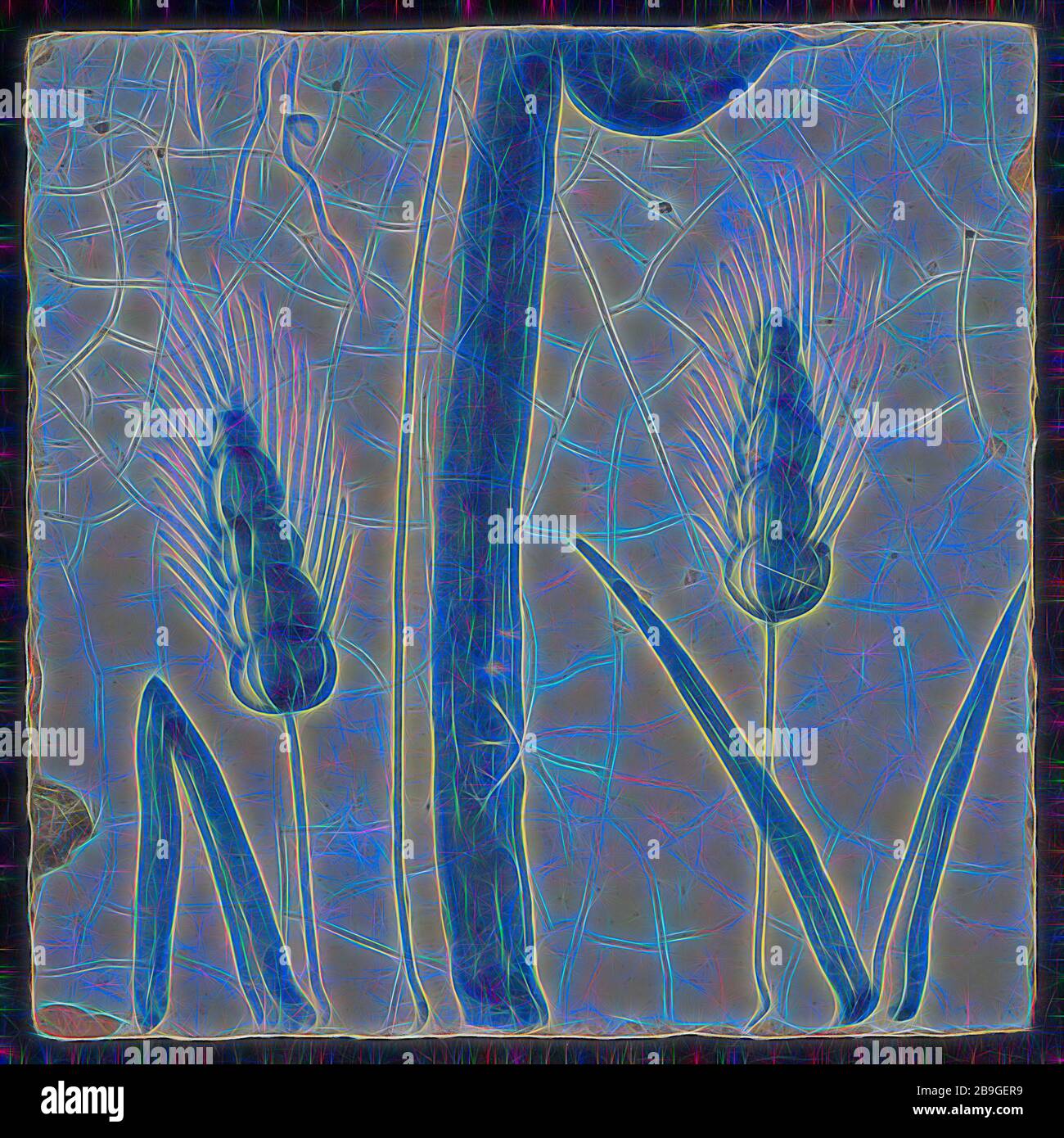 Blue tile with ears of corn and stem, of chimney pilaster with 13 tiles ...