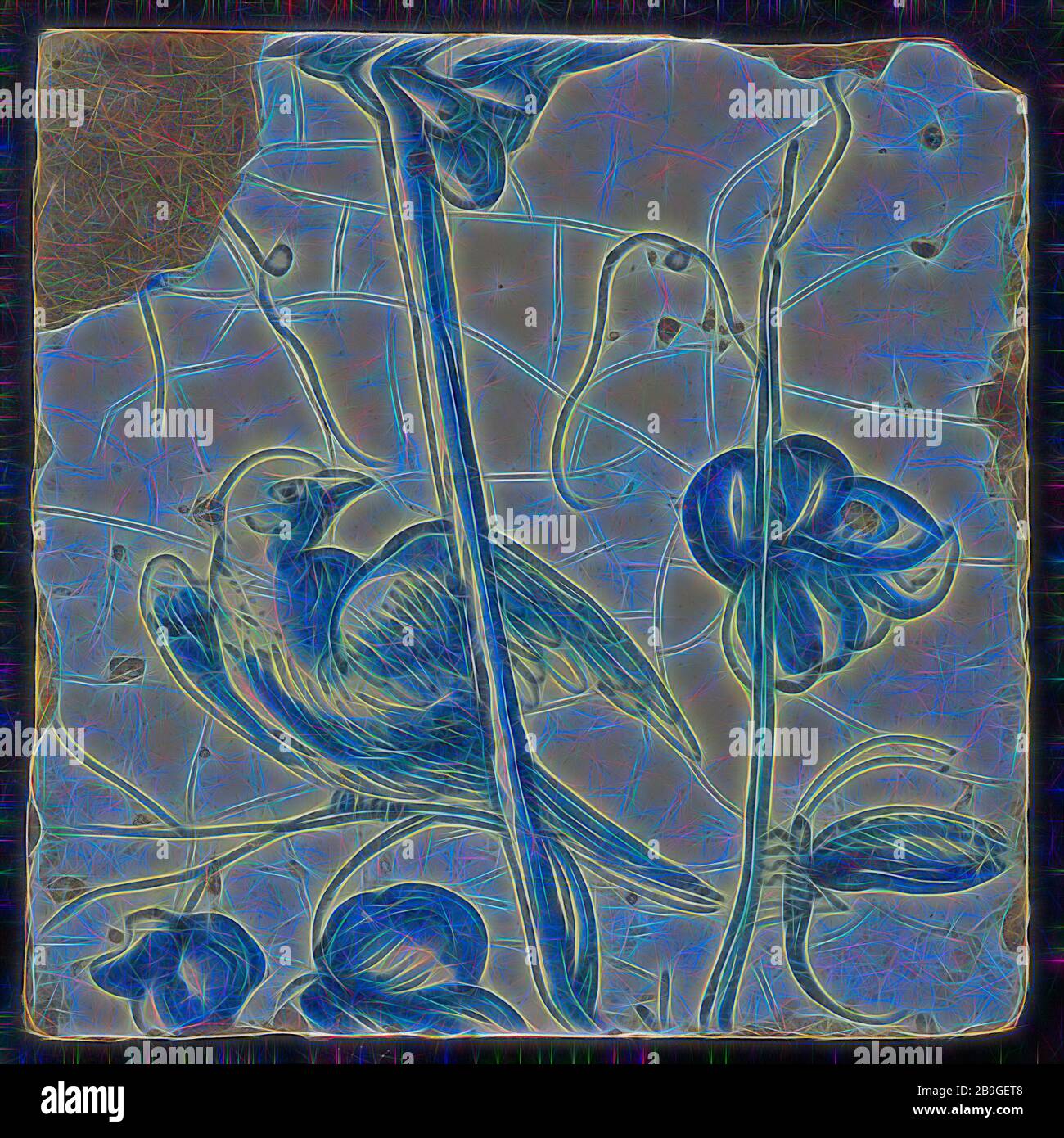 Blue tile with looking bird to dragonfly, on grape leaf of chimney ...