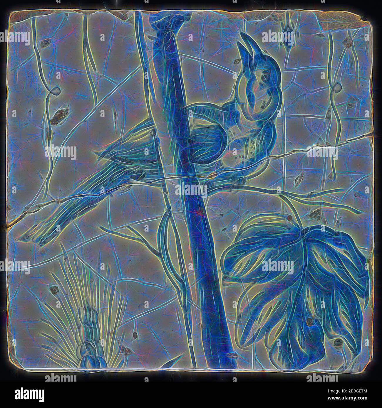 Blue tile with bird looking upwards on grape leaf, spider hanging on ...
