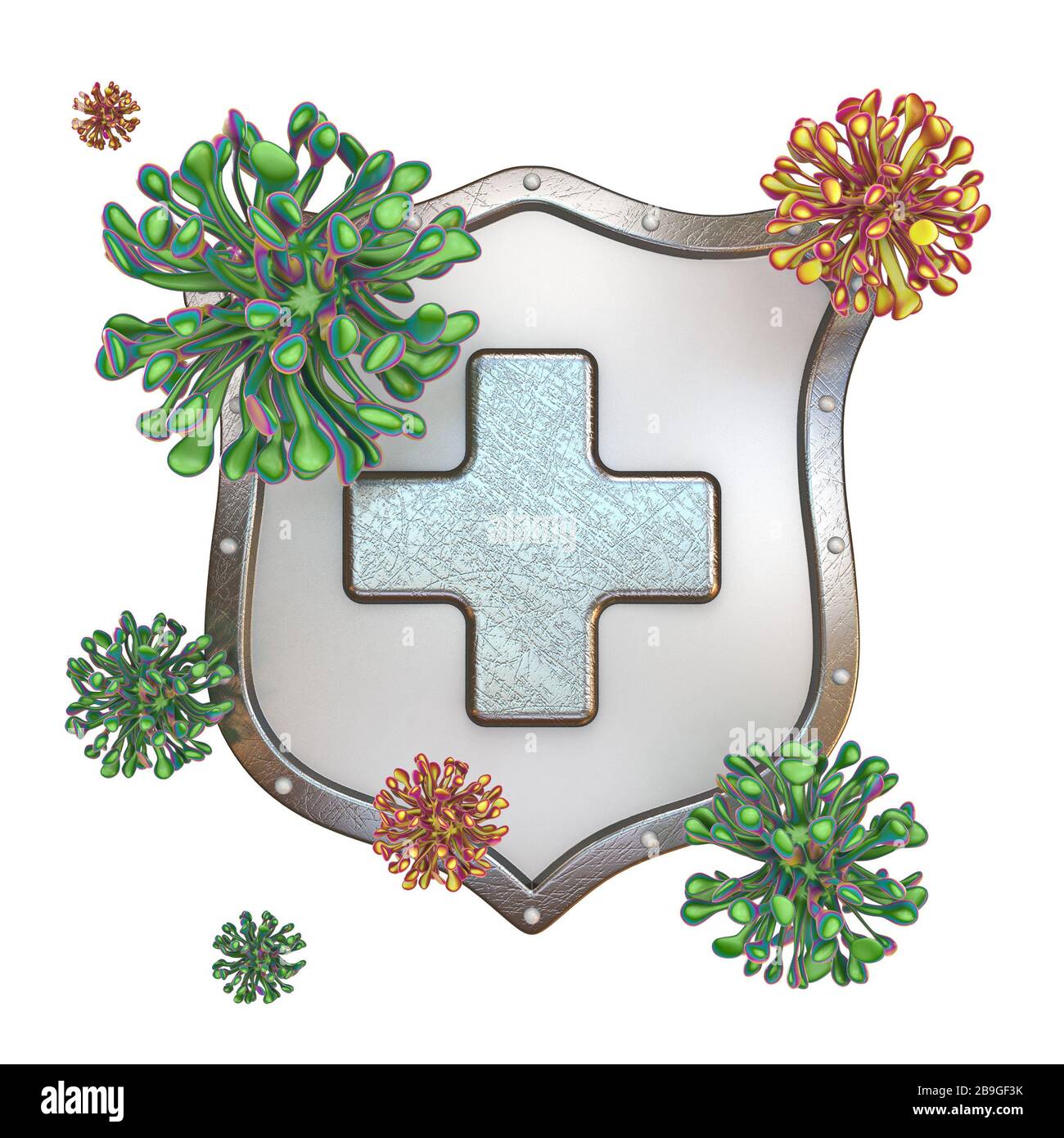 Medicine shield attacked by viruses 3D render illustration isolated on ...
