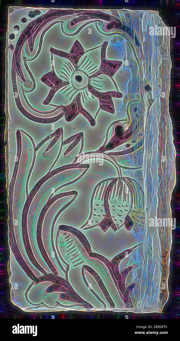 Rectangular edge tile in purple with sling-decoration of speckled tulip ...