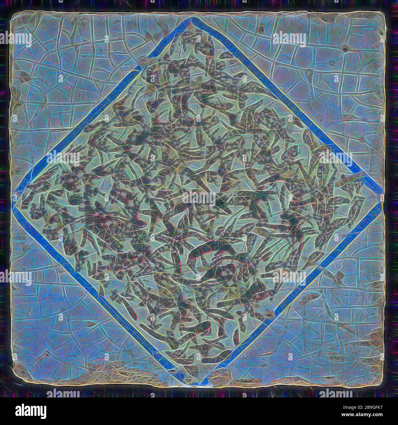 Ornament tile, central decor, purple tamponised surface infill in blue ...