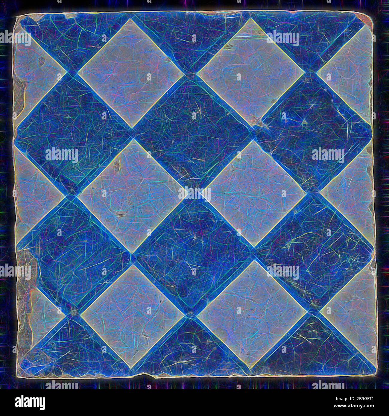 Ornament tile, blue on gray, with dark blue brushed check pattern ...