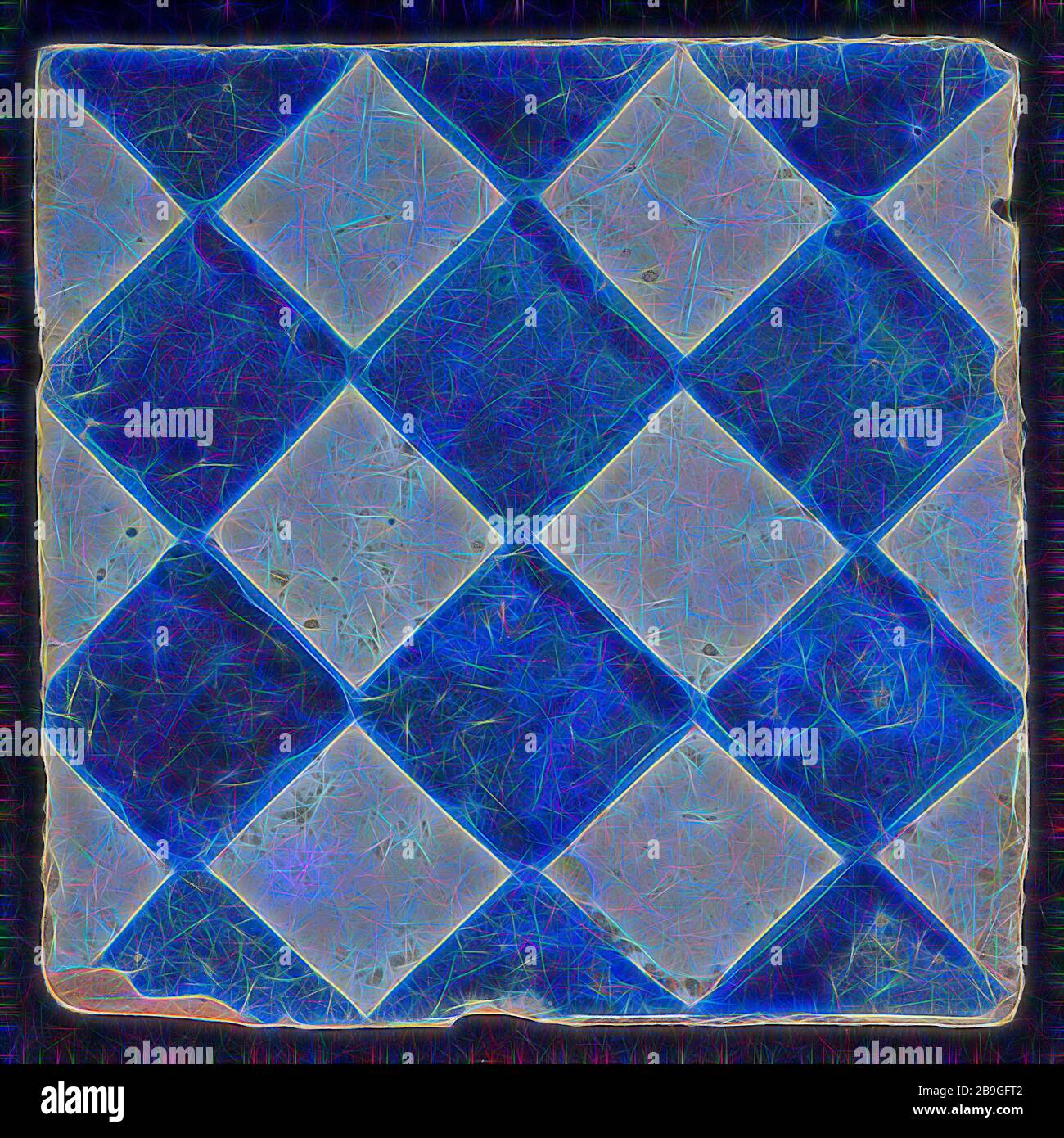 Ornament tile, blue on gray, with dark blue brushed check pattern ...