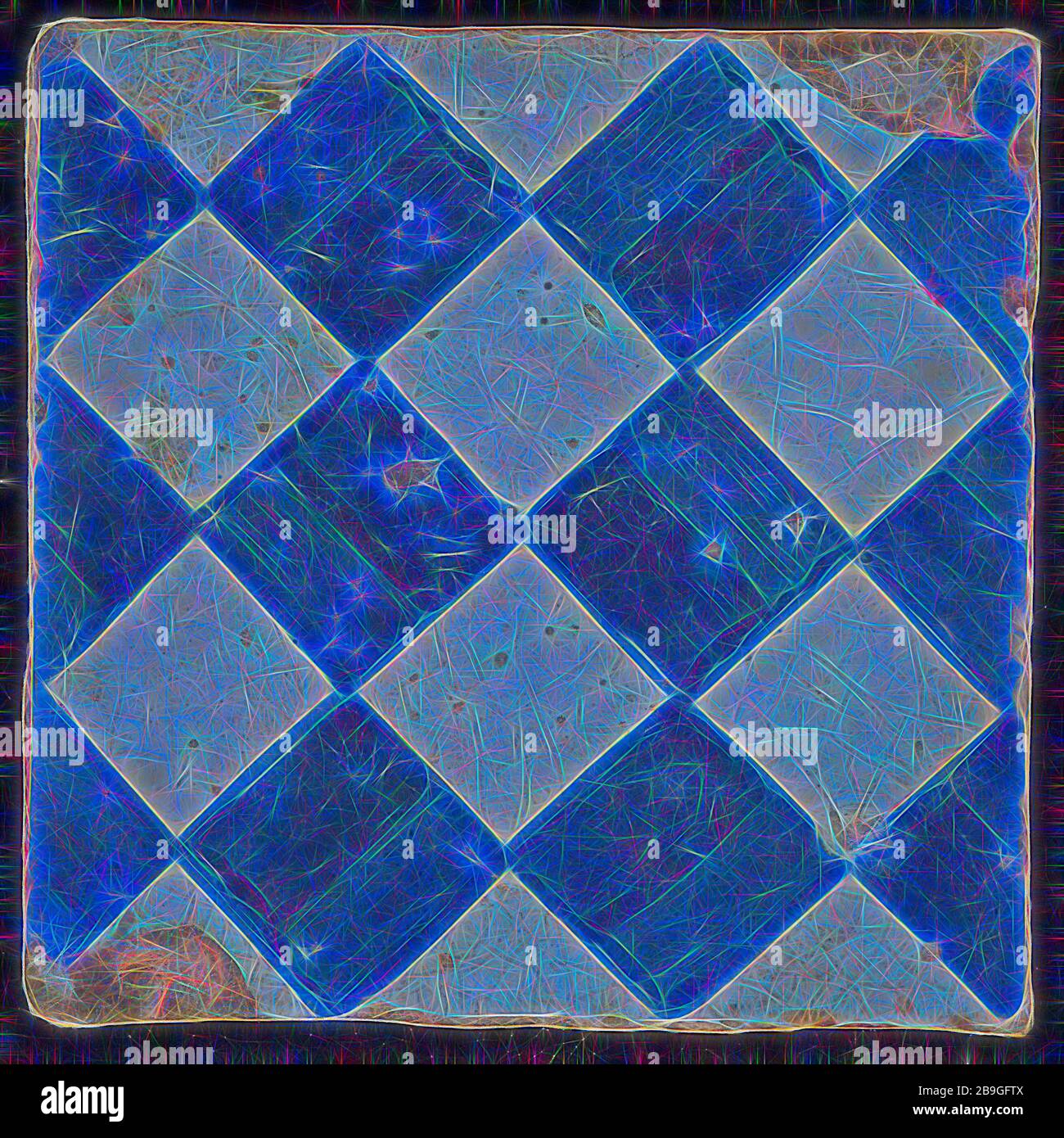 Ornament tile, blue on gray, with light blue brushed check pattern as ...