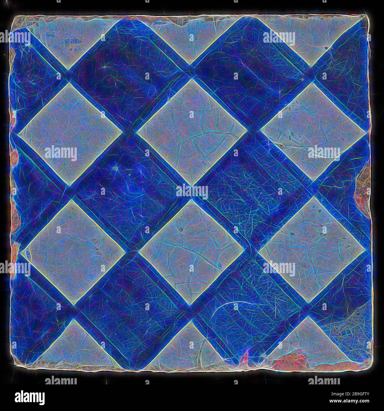 Ornament tile, blue on gray, with light blue brushed check pattern as ...