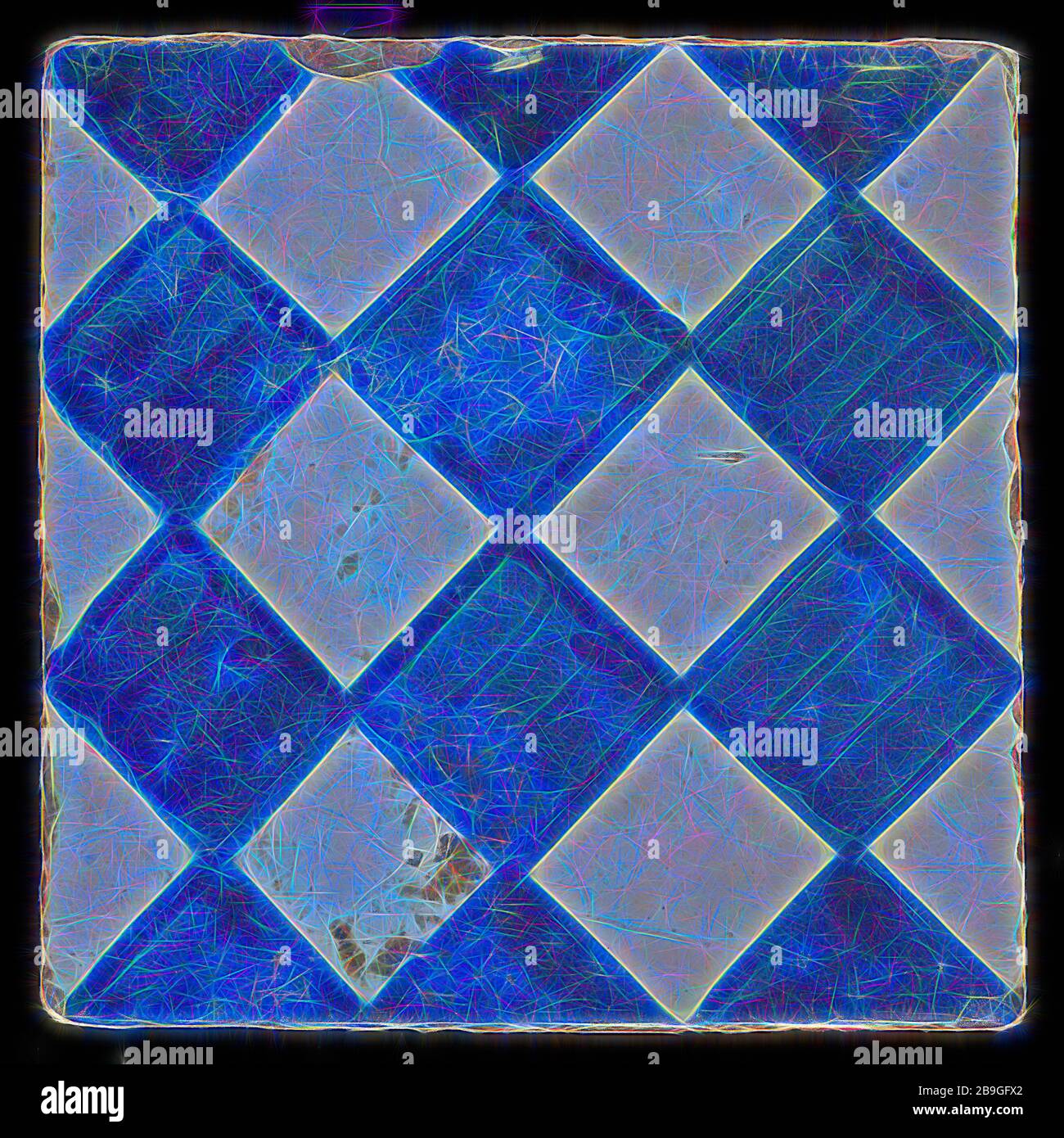 Ornament tile, blue on white, with light blue brushed check pattern as ...