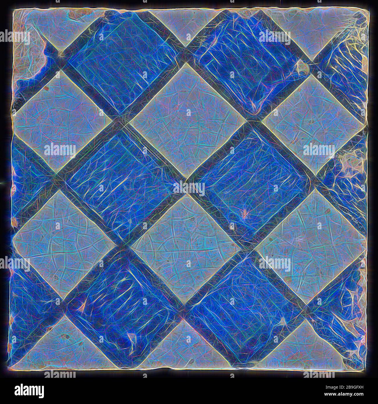 Ornament tile, blue on gray, with light blue brushed check pattern and ...