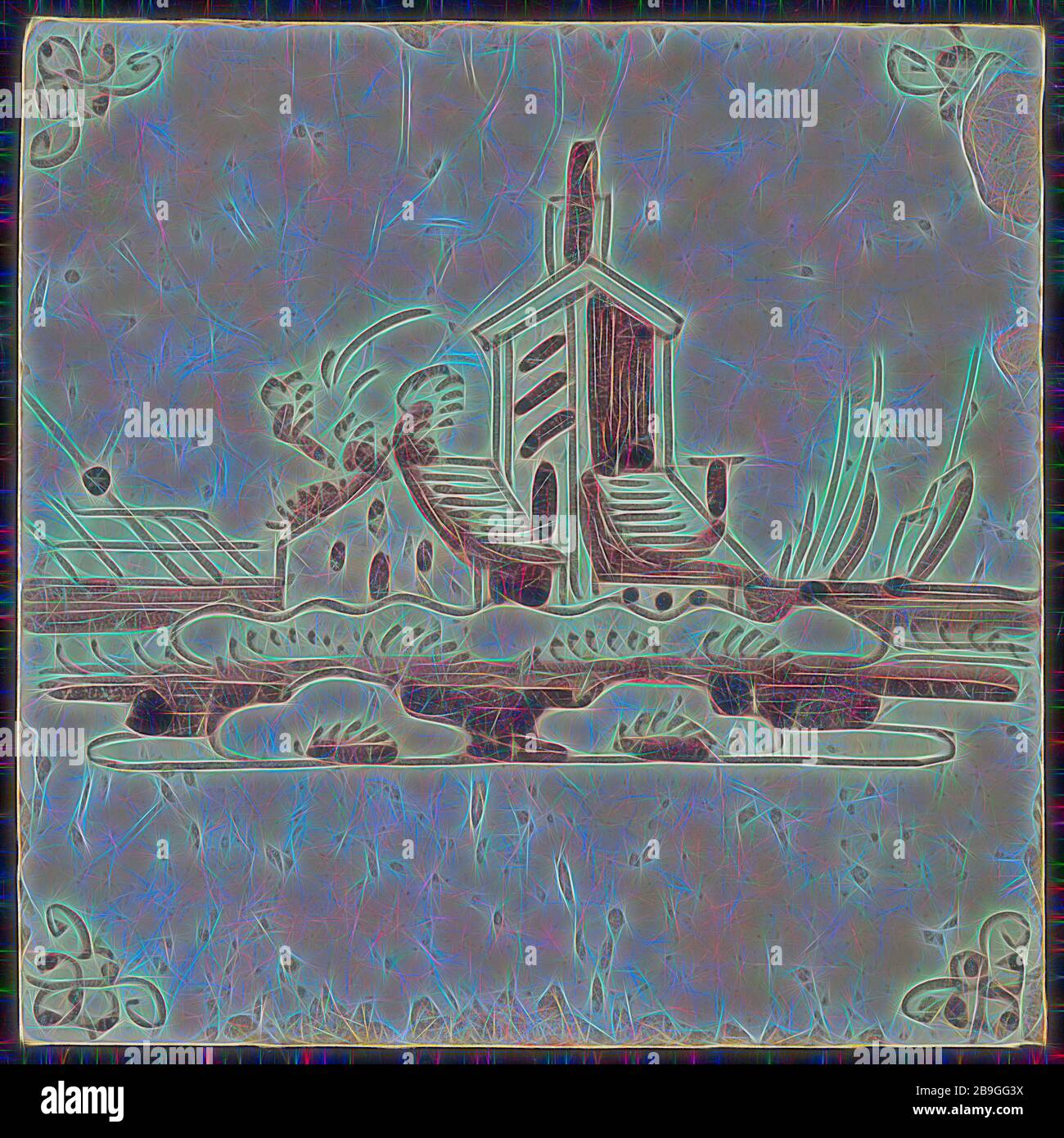 Scene tile, tower with houses, corner motif spider, wall tile tile ...