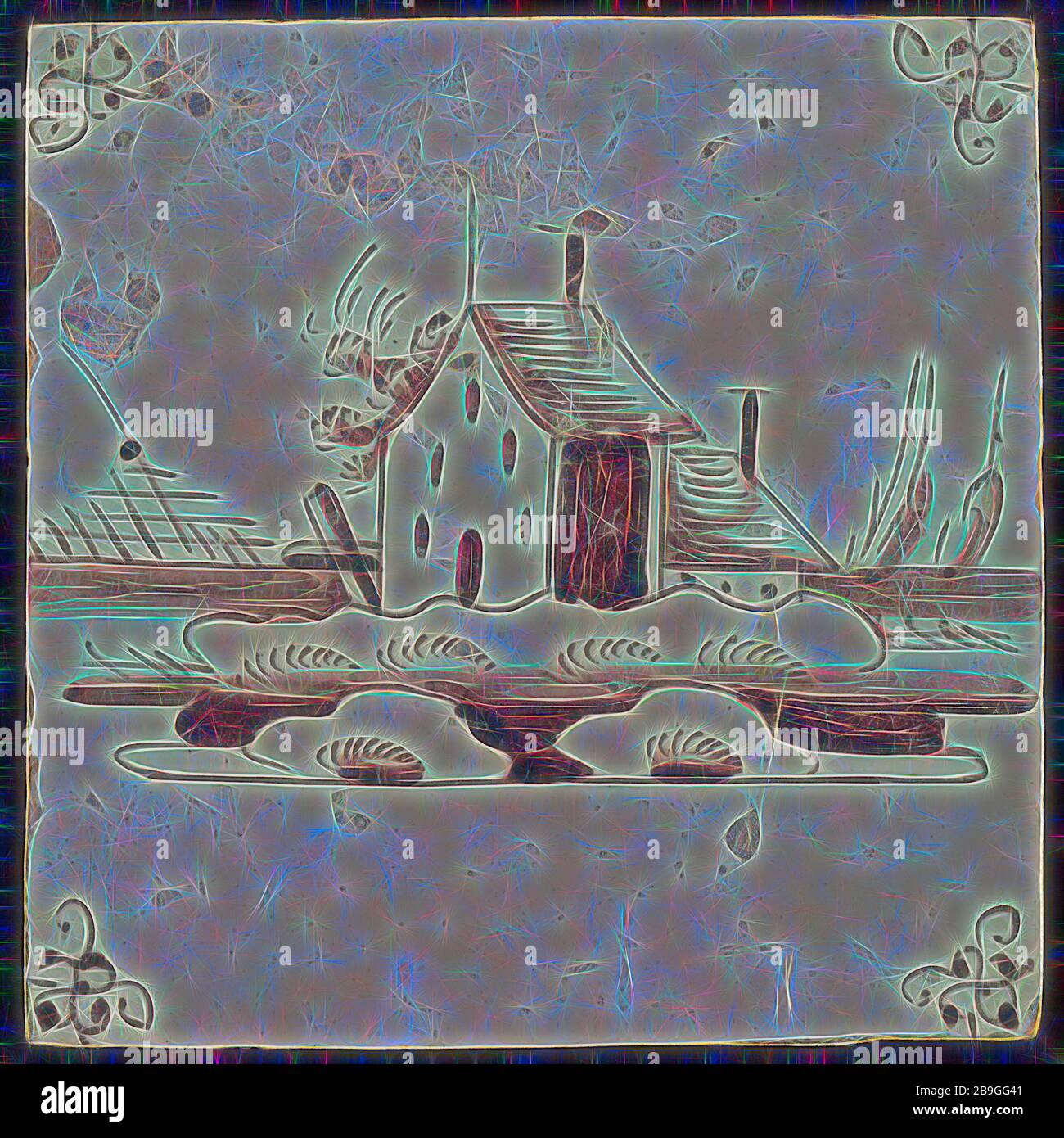 Scene tile, house with shed, corner motif spider, wall tile tile ...