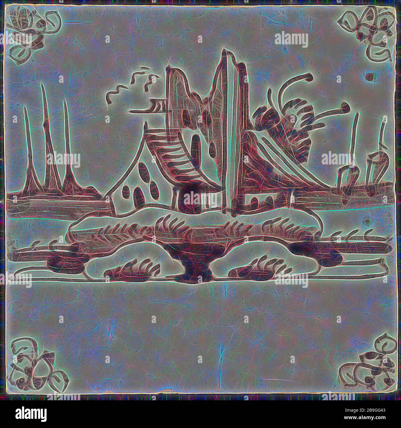 Scene tile, house with broken tower, corner pattern spider, wall tile ...