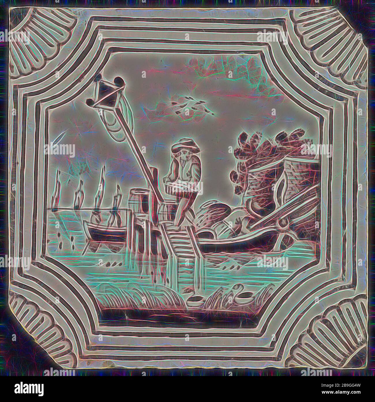 Scene tile, in double curved octagon, scaffold with man, corner motif ...