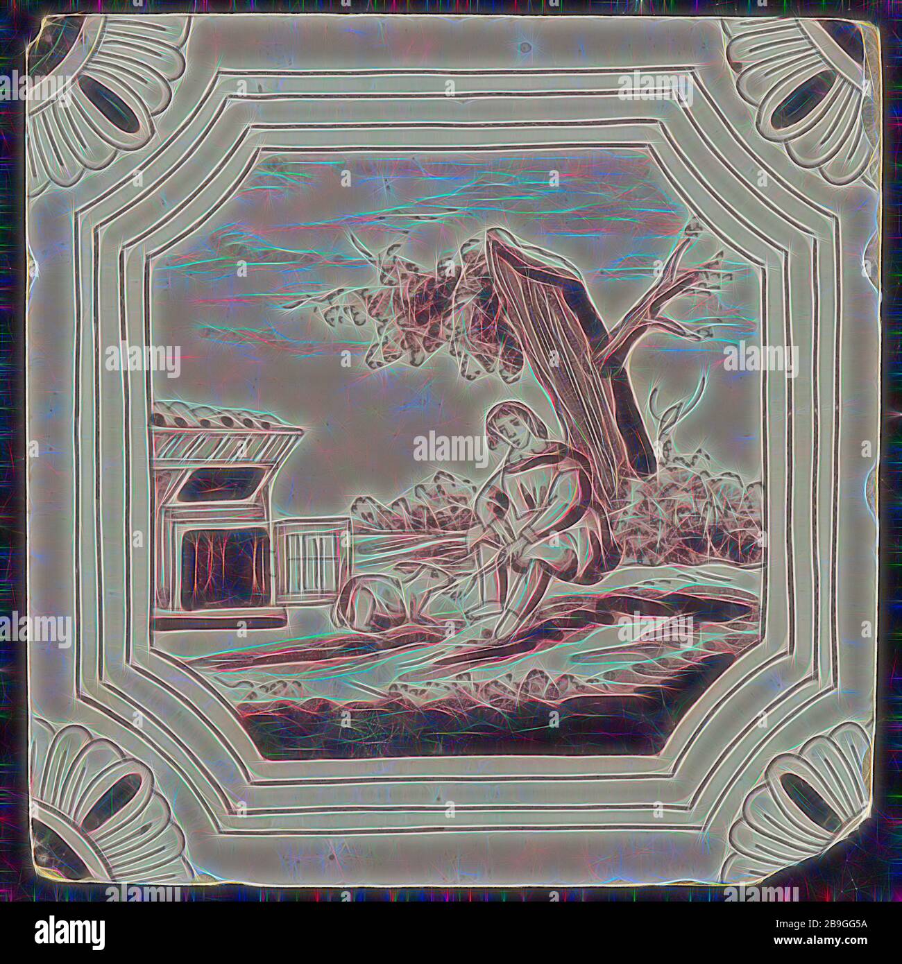 Scene tile, in double curved octagon, man sitting tree, corner motif ...