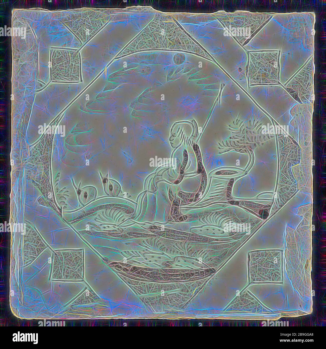 Figure tile, sitting shepherdess and staff, corner pattern white ...