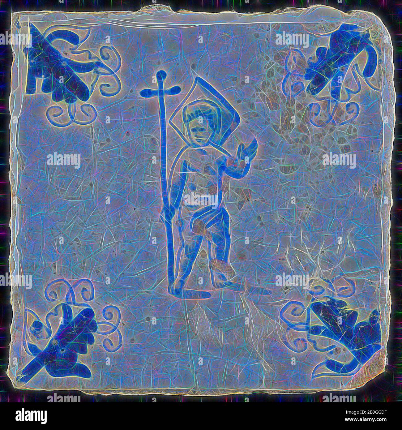 Figure tile, standing Christ child with staff on which cross, corner ...