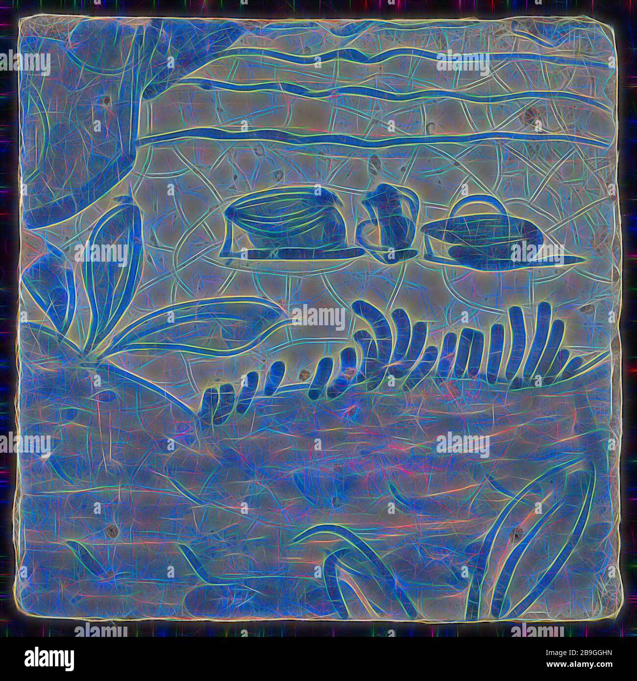 Tile with blue pans, jug and plants, tile pilaster footage fragment ...