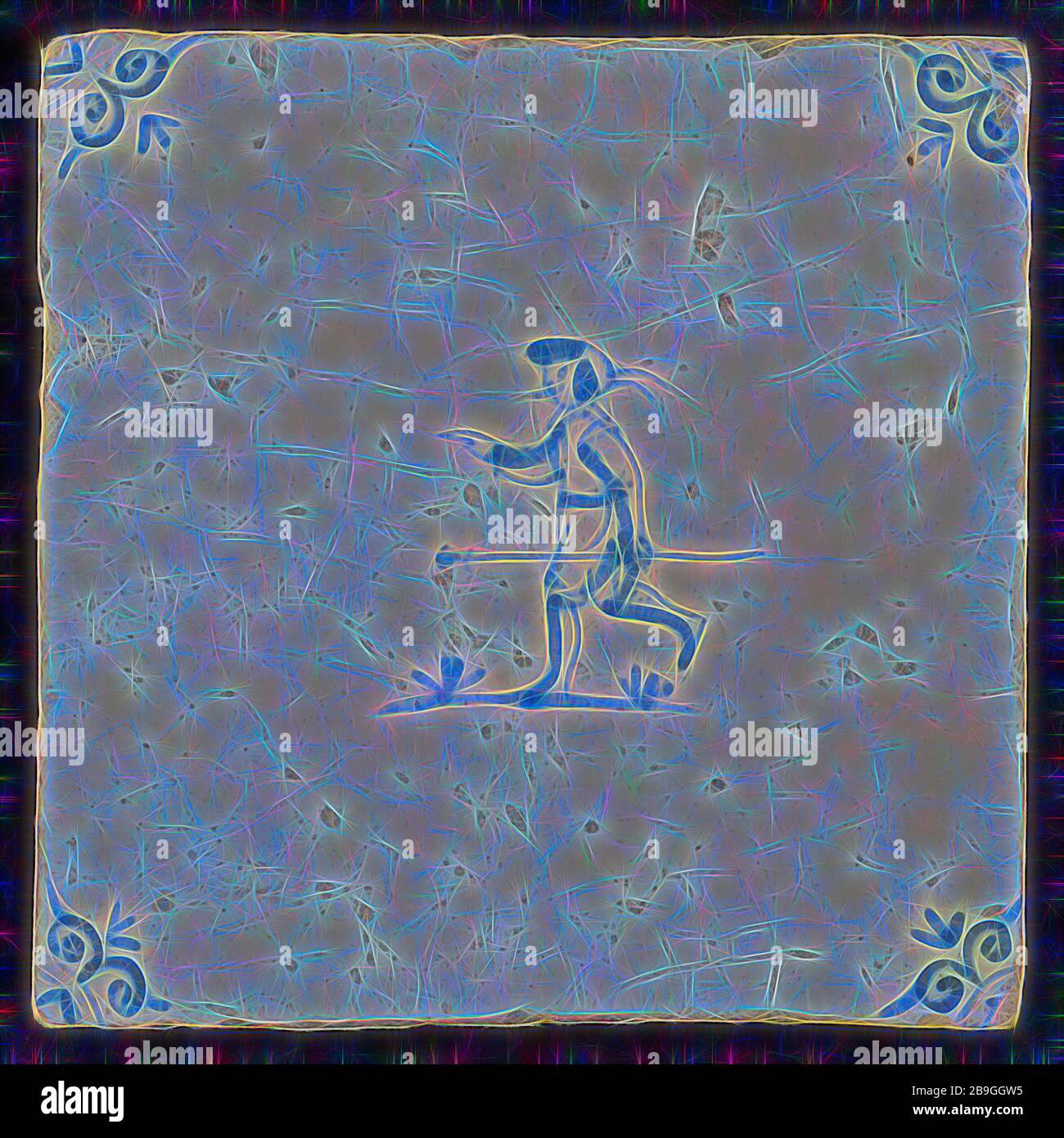 Figure tile, man with rake, Corner motif ox's head, wall tile tile ...