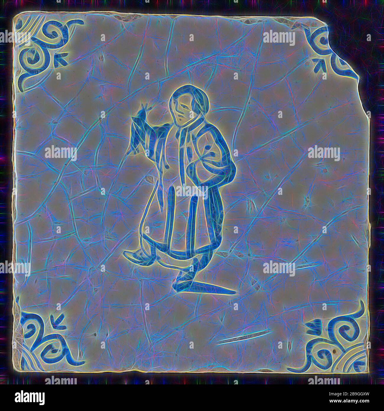 Scene tile, figure with nut mill, Corner motif oxen head, wall tile ...