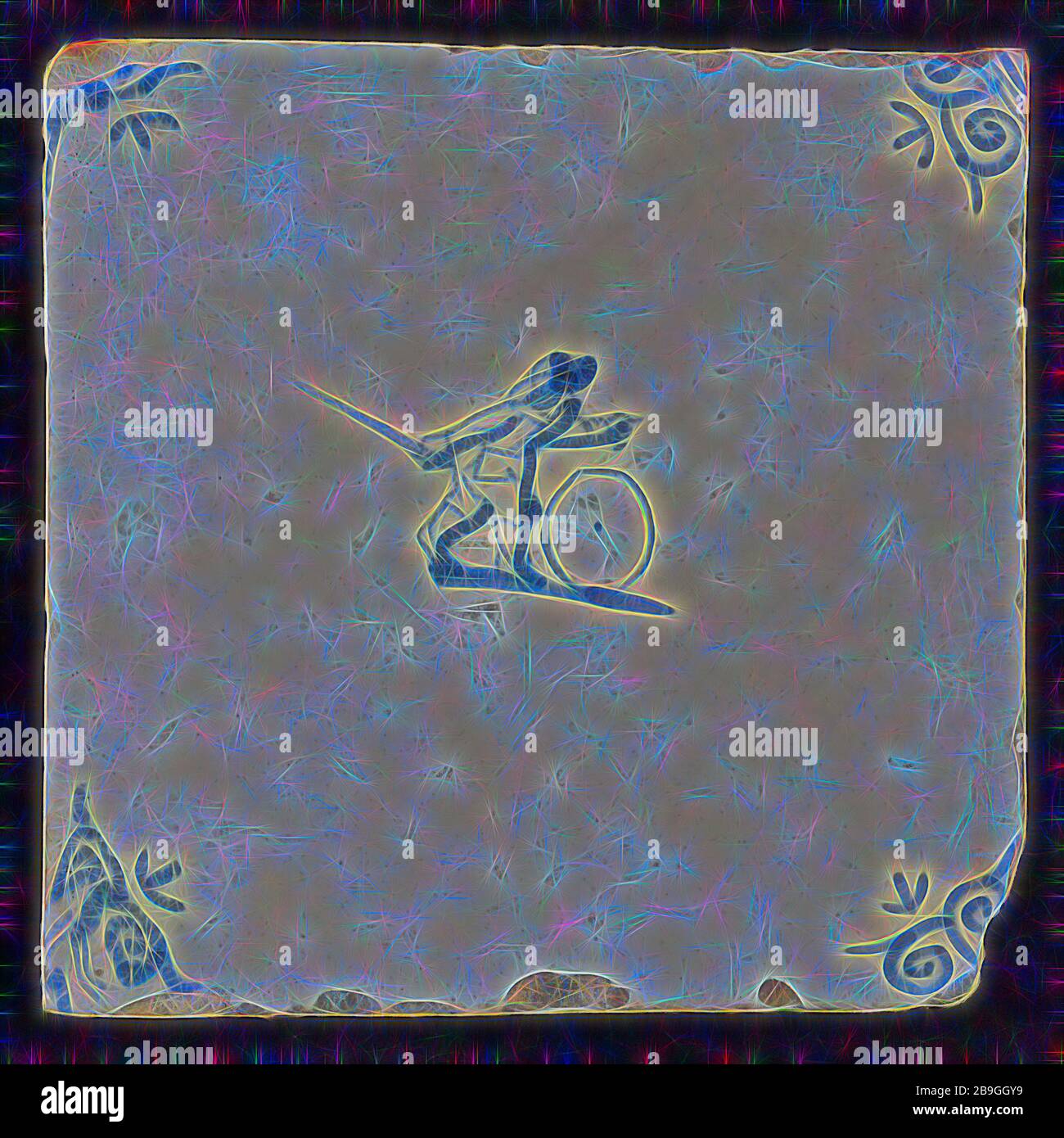 Scene tile, child's play, child with hoop, corner pattern ox's head ...