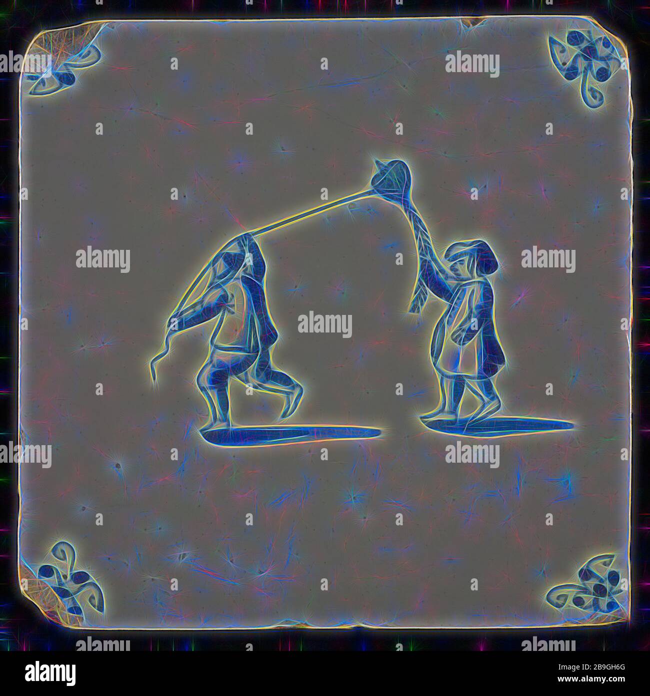 Scene tile, double child's play, kite flying, corner motif spider, wall ...