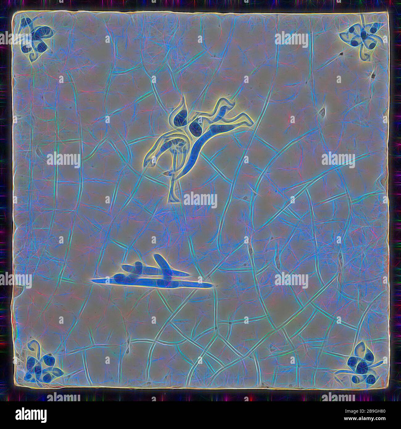 White tile with blue flying putto with wind instrument, corner motif ...