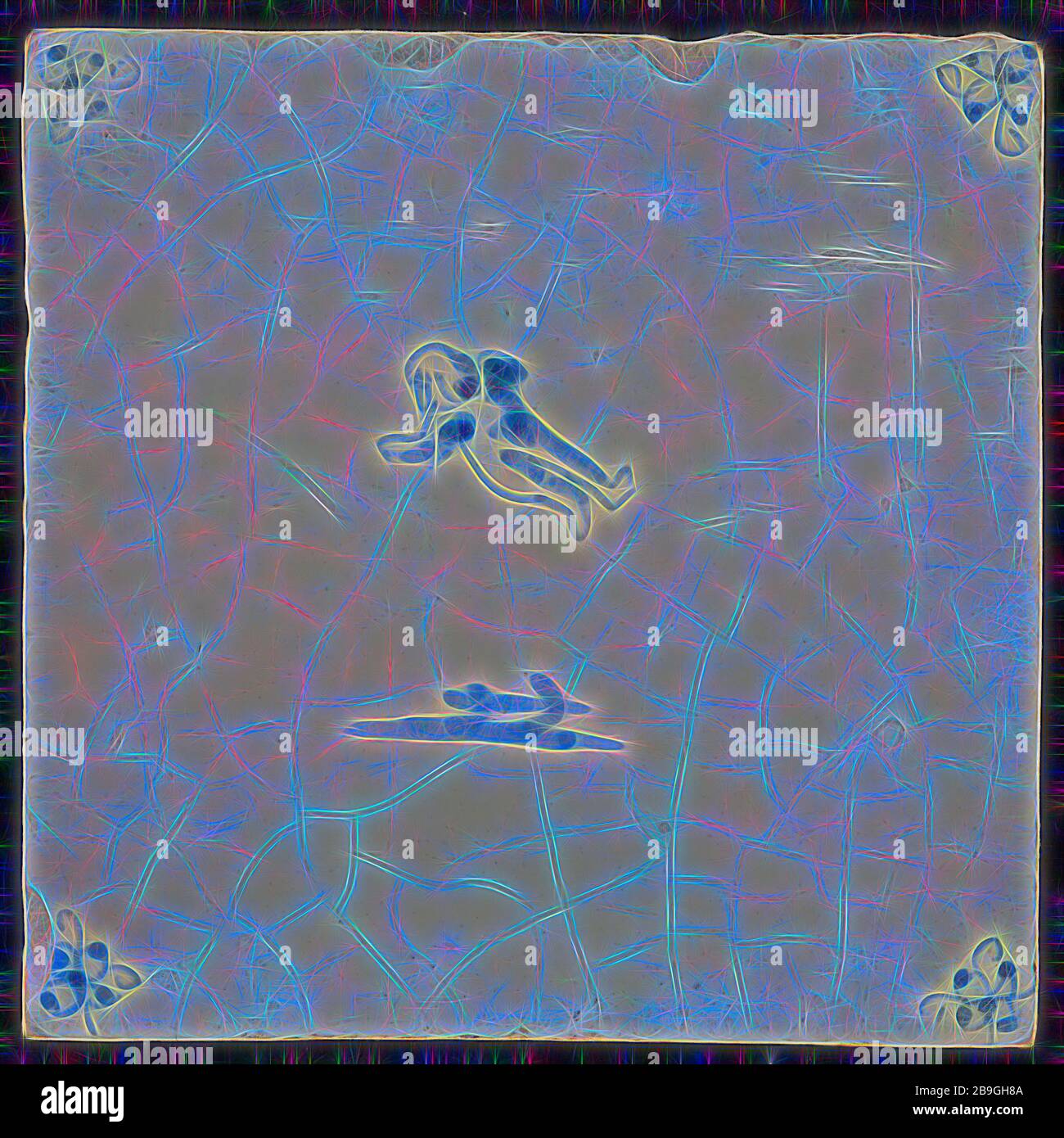 White tile with blue flying putto; corner motif spider, wall tile tile ...