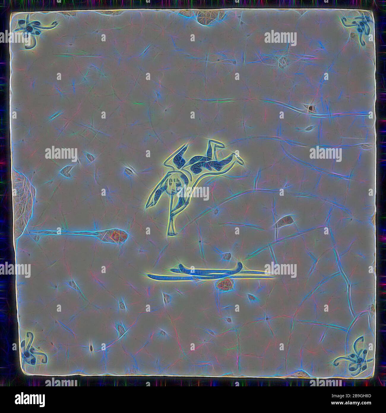 White tile with blue flying putto with wind instrument; corner motif ...