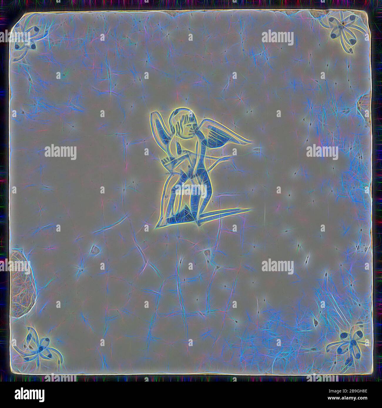 White tile with blue cupid with bow and arrow; corner motif spider ...