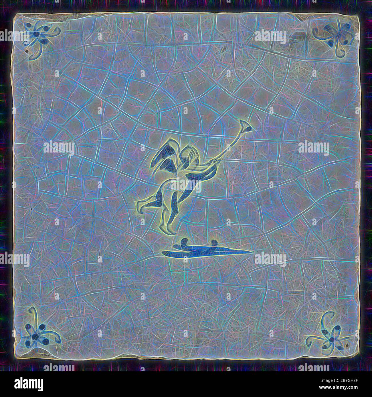 White tile with blue flying putto with wind instrument; corner motif ...