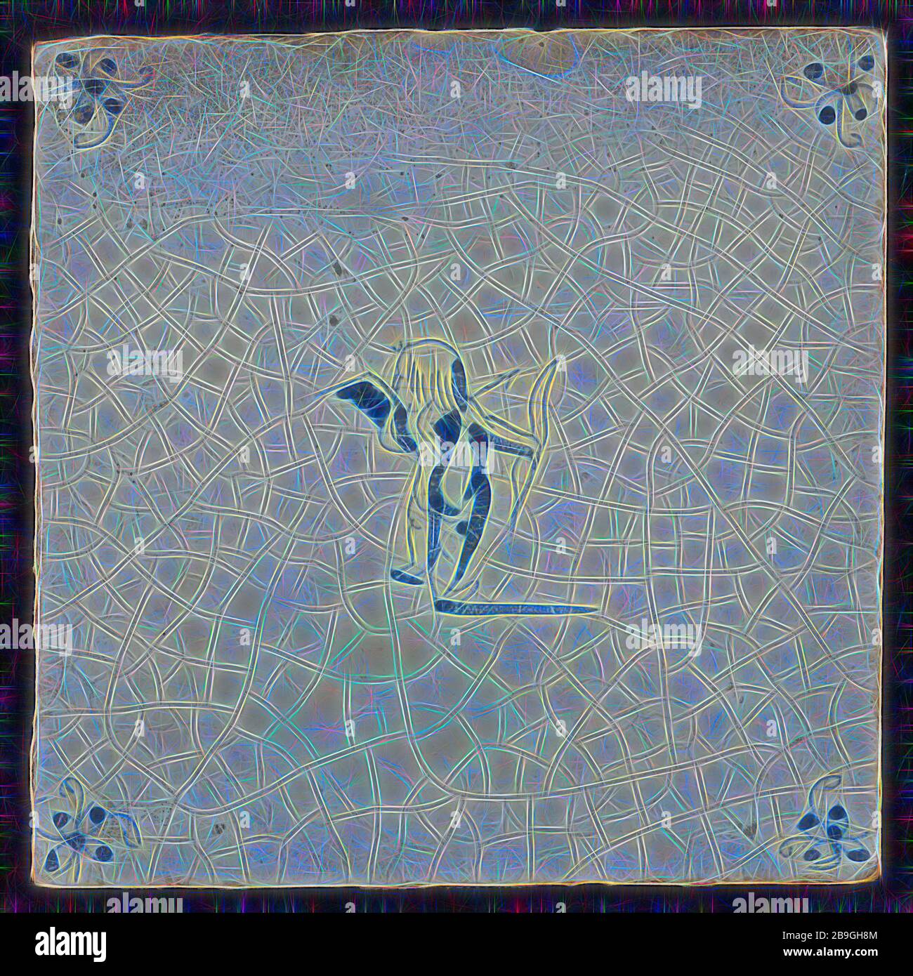 White tile with blue cupid with bow and arrow; corner motif spider ...