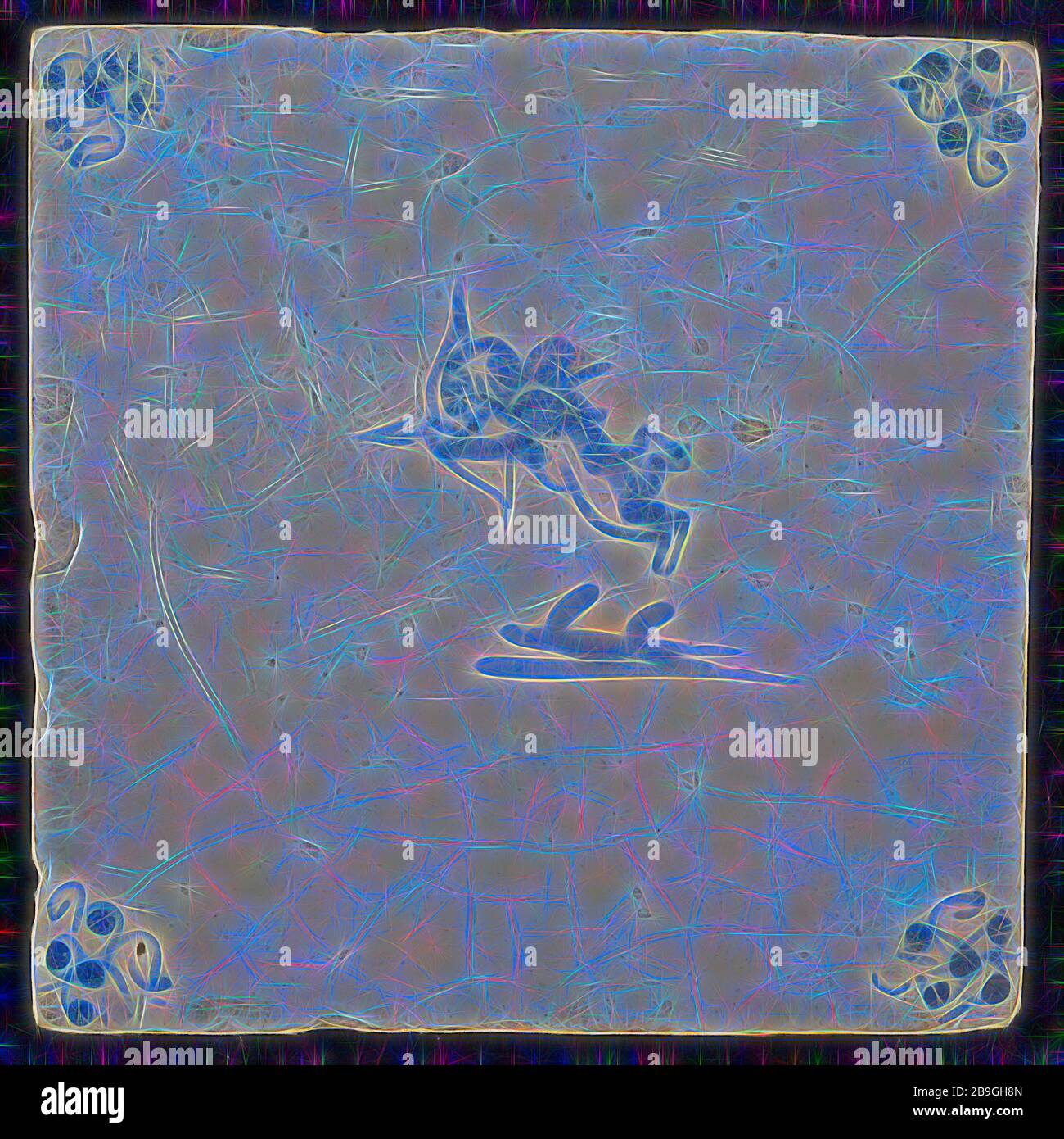 White tile with blue flying cupid with bow and arrow; corner motif ...