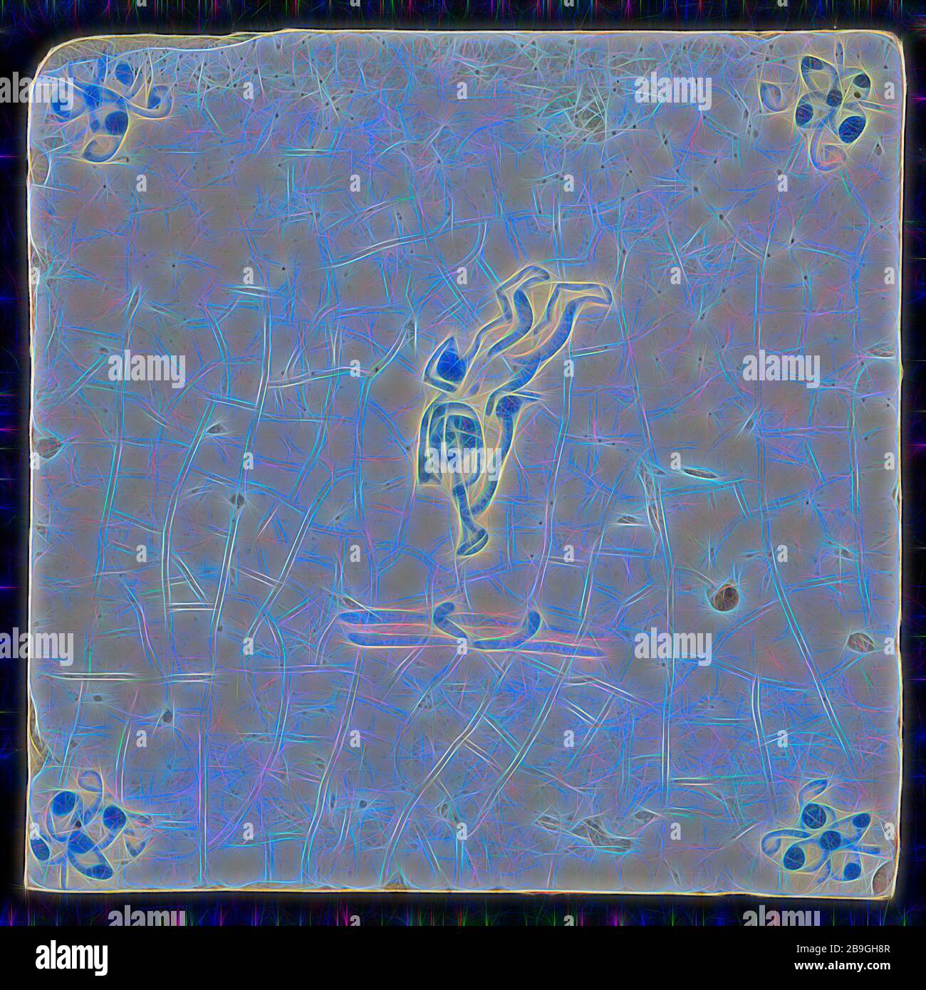 White tile with blue flying putto with wind instrument; corner motif ...