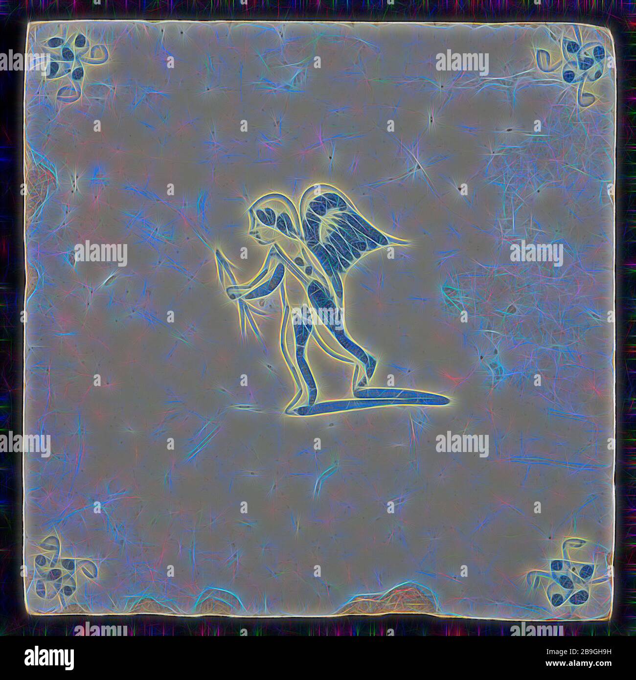 White tile with blue cupid with bow and arrow; corner motif spider ...