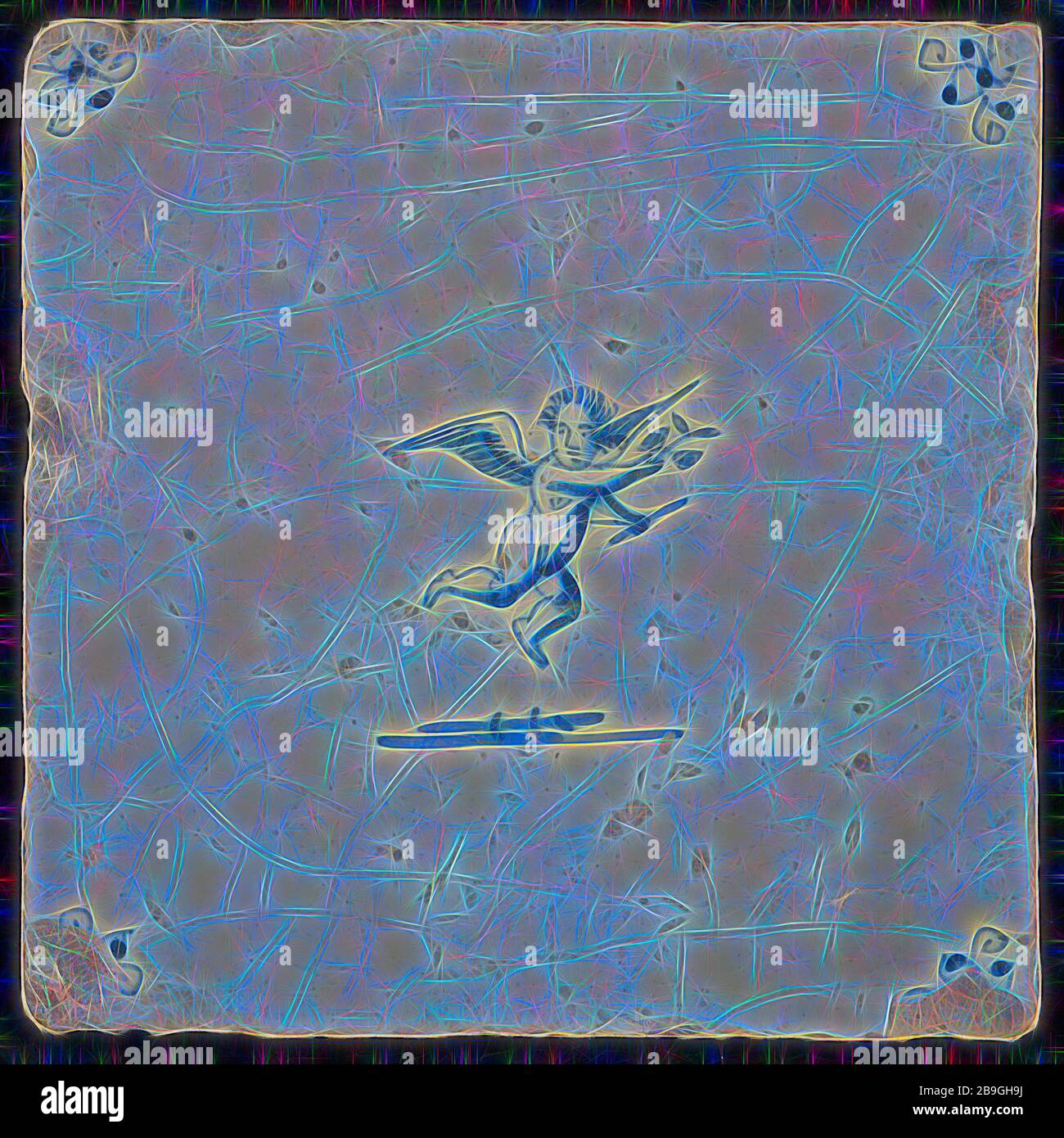 White tile with blue flying putto; corner motif spider, wall tile tile ...