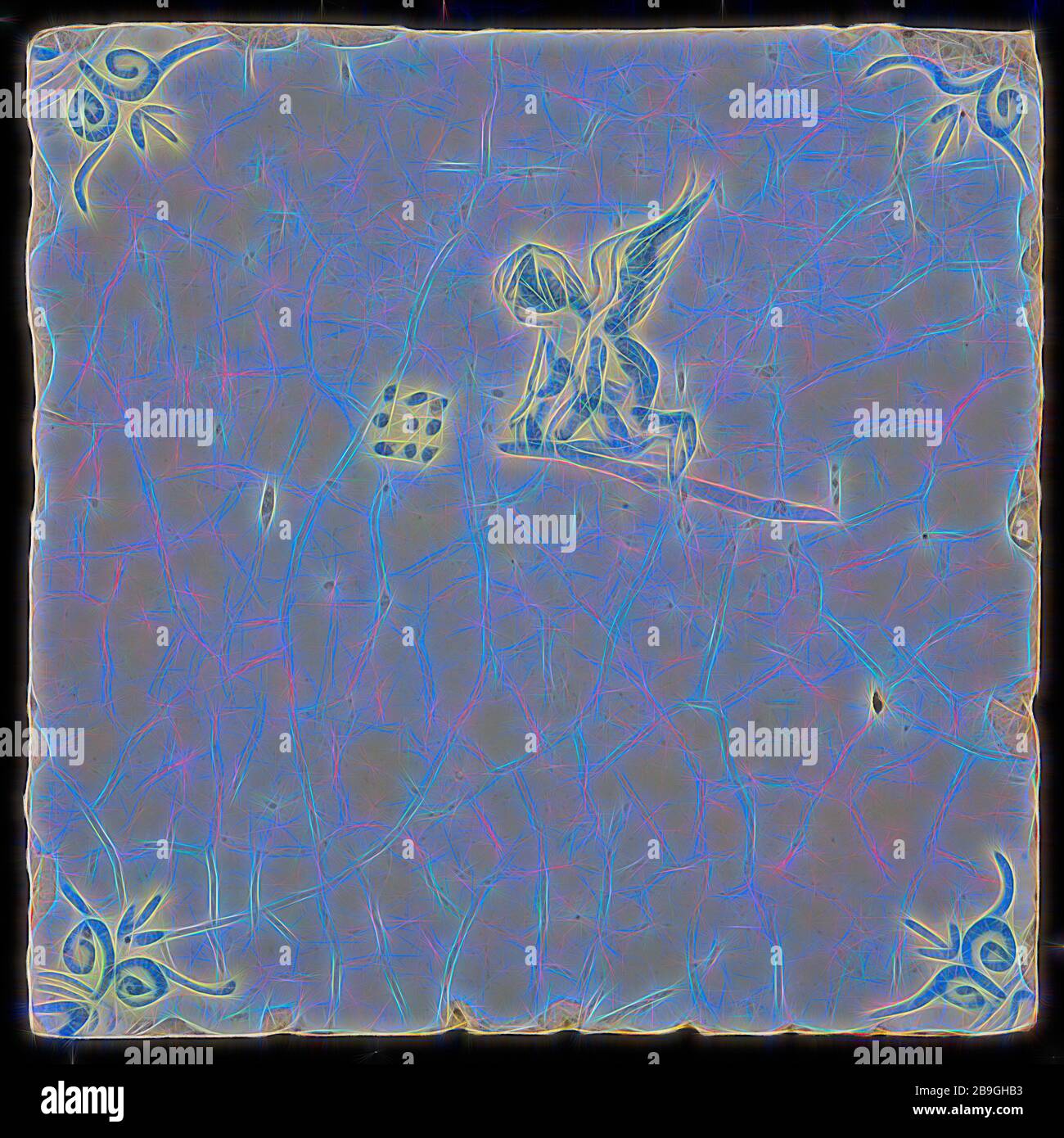 White tile with blue putto; corner pattern ox head, wall tile tile ...