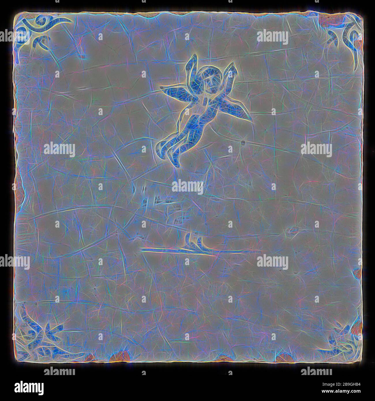 White tile with blue flying putto; corner pattern ox head, wall tile ...