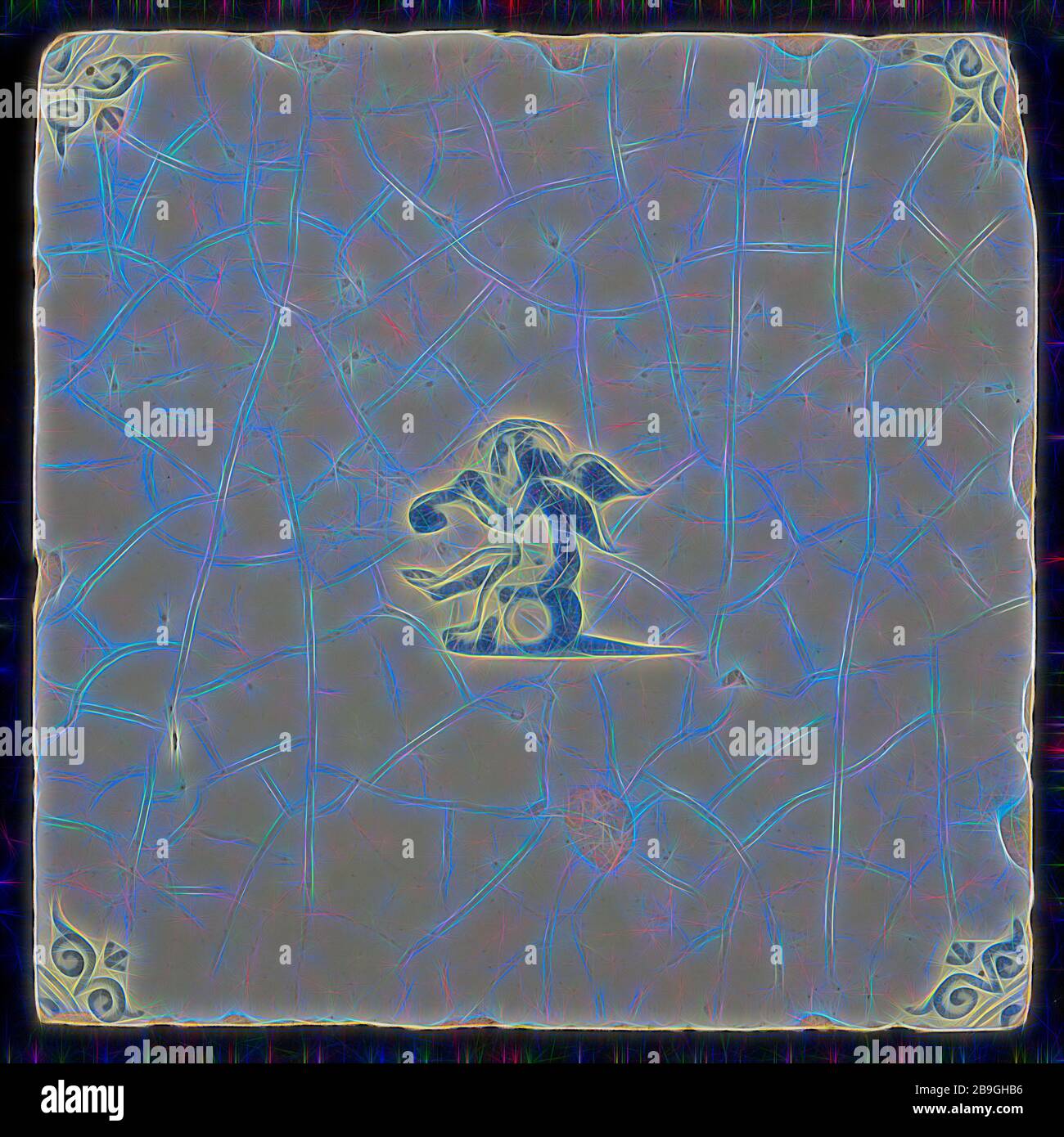 White tile with blue seated putto; corner pattern ox head, wall tile ...