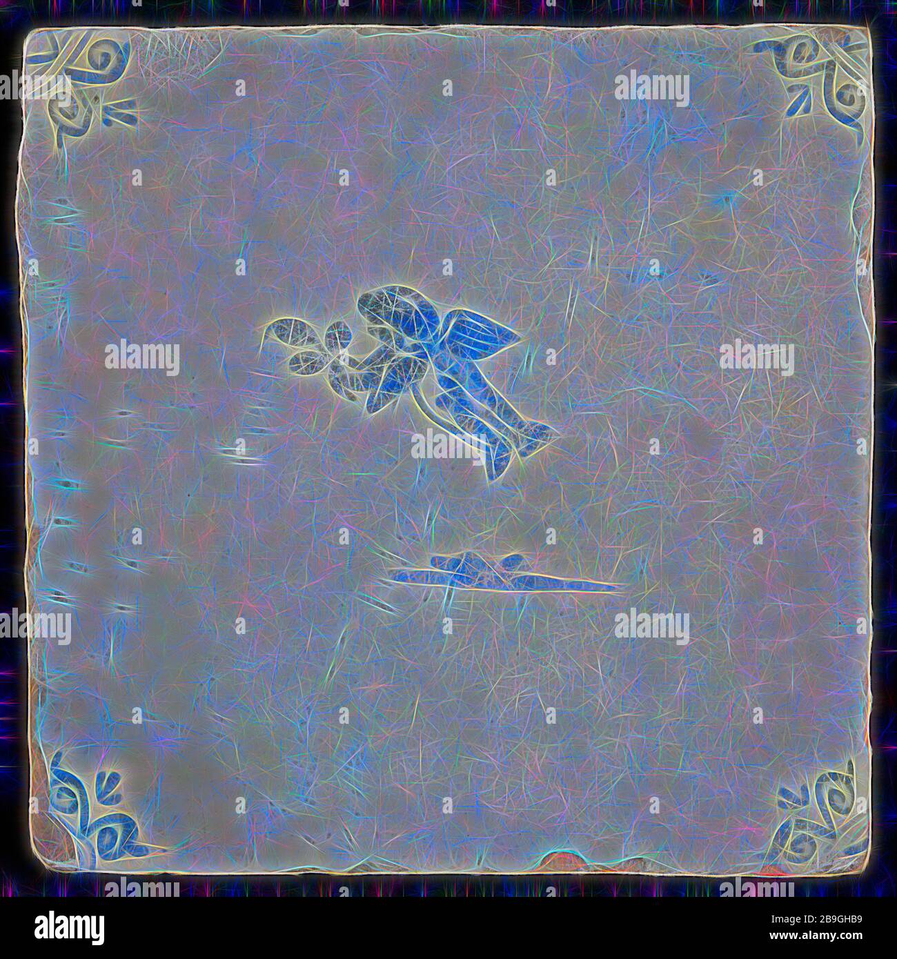 White tile with blue flying putto; corner pattern ox head, wall tile ...