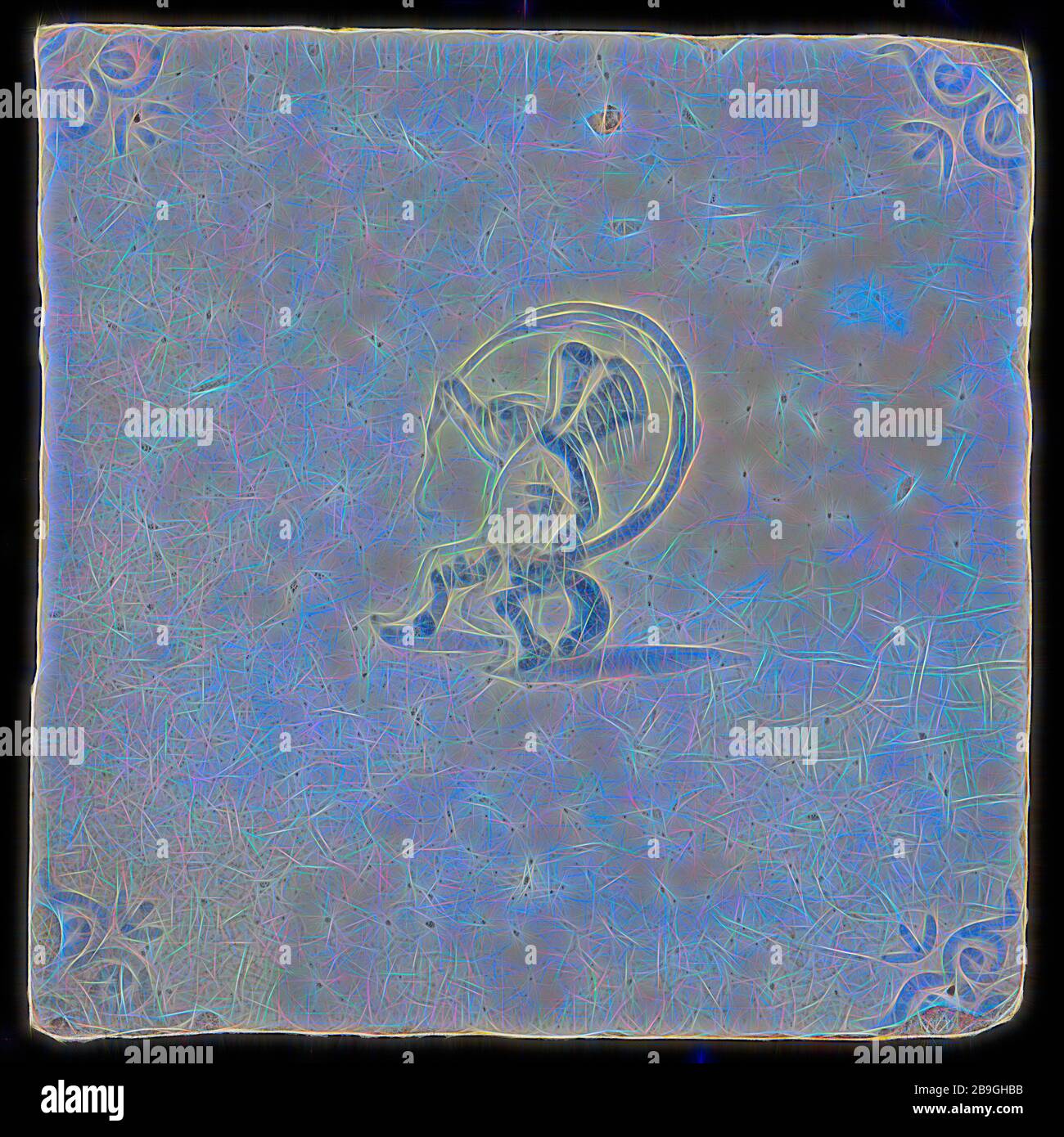 White tile with blue seated putto; corner pattern ox head, wall tile ...