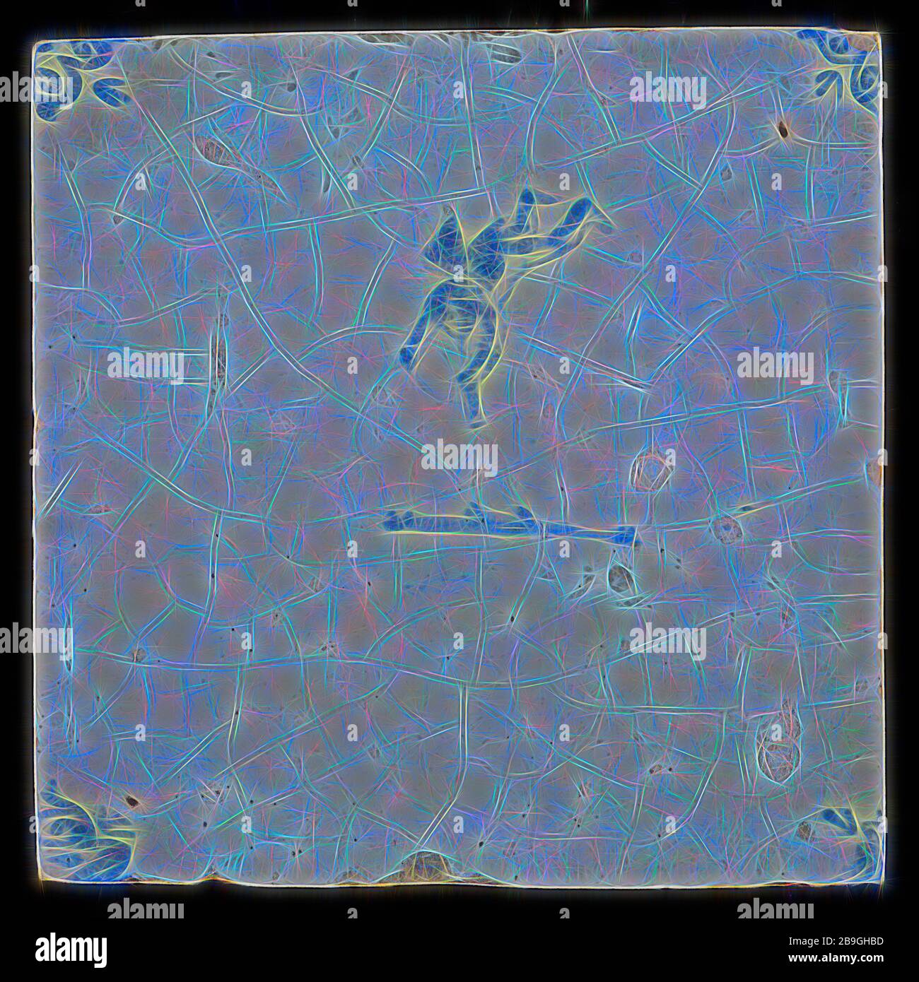 White tile with blue flying putto with wind instrument; corner pattern ...