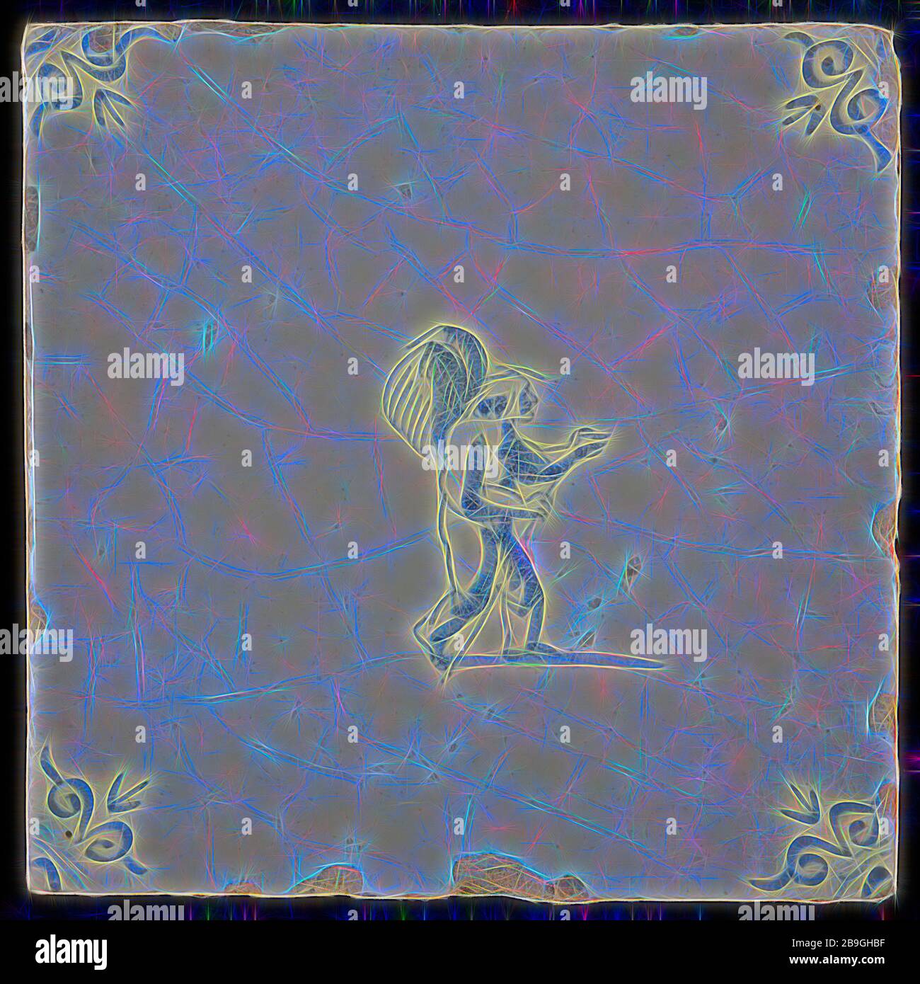 White tile with blue putto; corner pattern ox head, wall tile tile ...