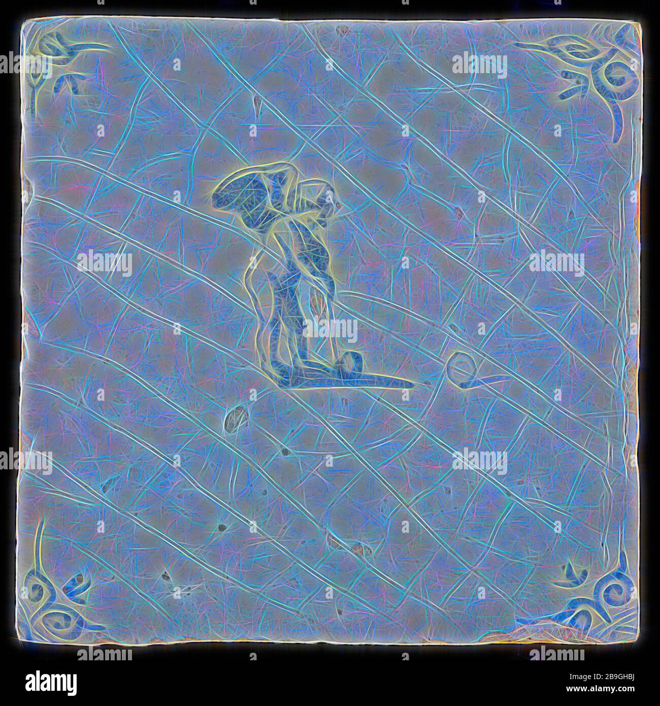 White tile with blue putto; corner pattern ox head, wall tile tile ...