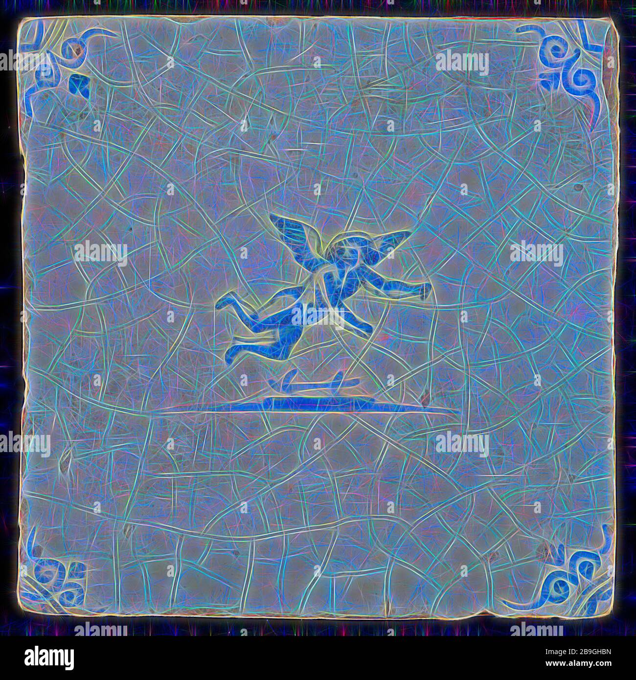 White tile with blue flying putto; corner pattern ox head, wall tile ...