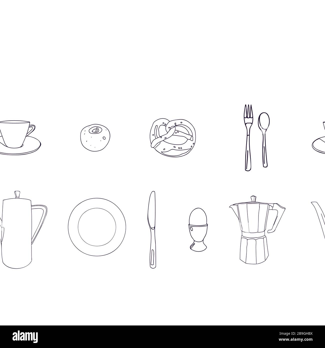 Vector line art breakfast border with porcelain, food and coffee pot ...