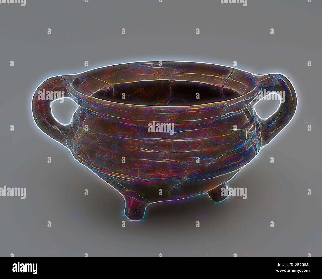 Pottery cooking pot on three legs, low and wide model with two pinched ...