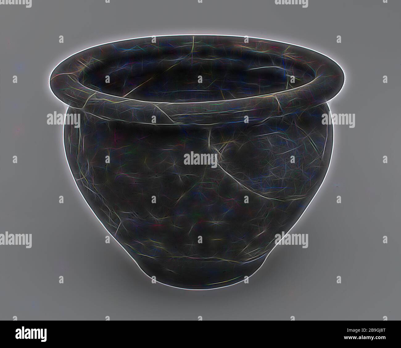 Black storage jar on standing surface, folded upper edge above ...