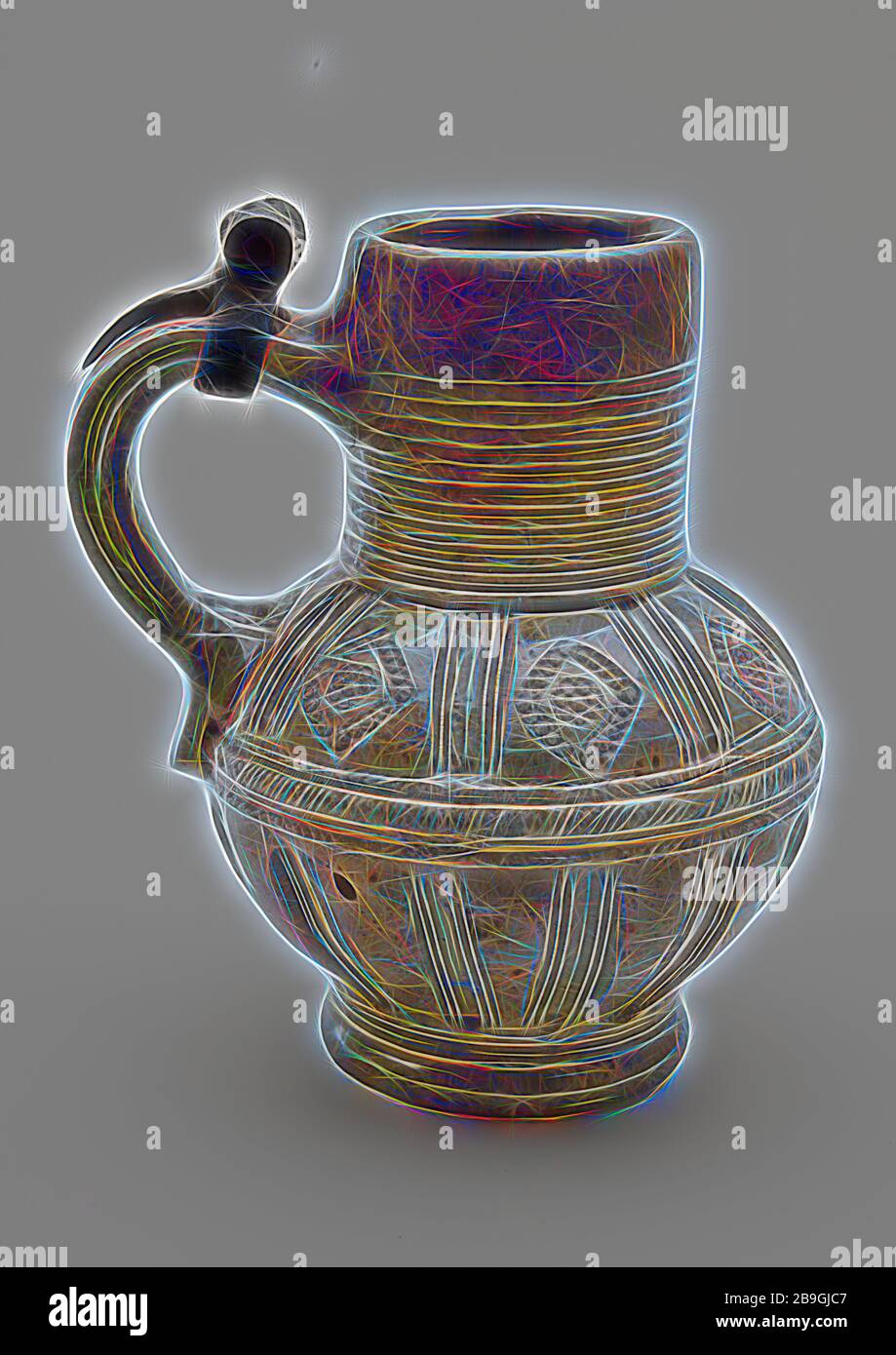 Stoneware jug, ball model with cylindrical neck, band ear with pewter ...